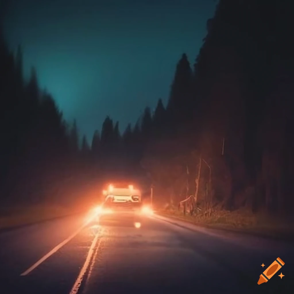 Sarah driving on a desolate road at night on Craiyon