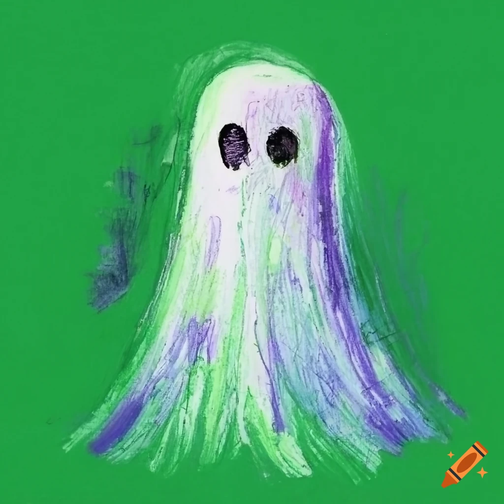 Crayon drawing of a ghost on a green background on Craiyon