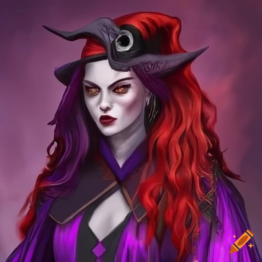 Hexblood warlock with red hair and purple robe dress wearing a black ...