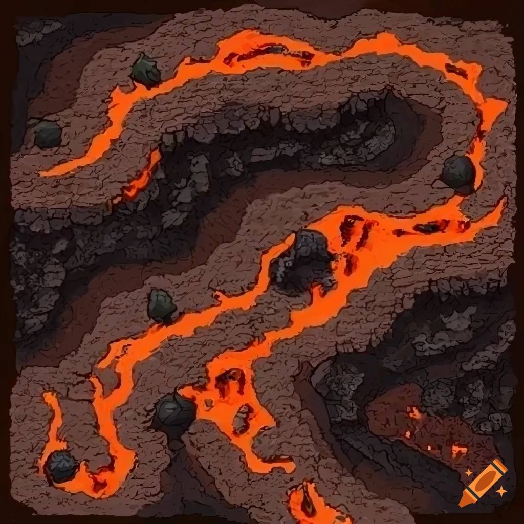 Top down view of path by a lava river with castle ruins in rpg maker style on Craiyon