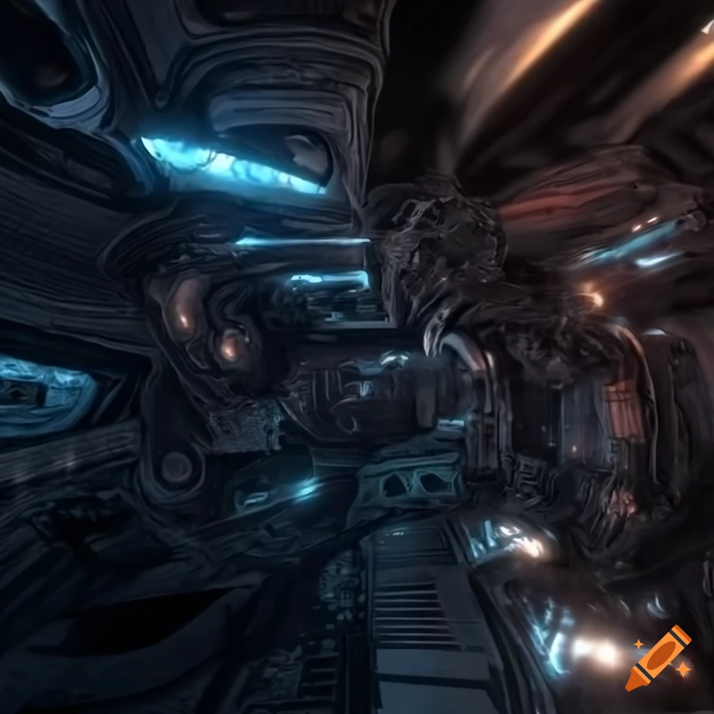 Epic 8k resolution inside spaceship with surrealistic aliens and organic machines on Craiyon