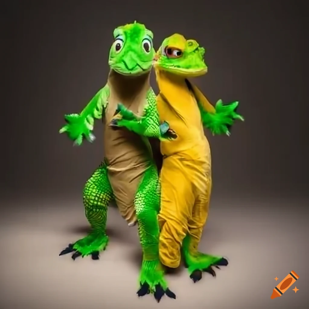 Two female workers in full body lizard mascot costumes at zoo on Craiyon