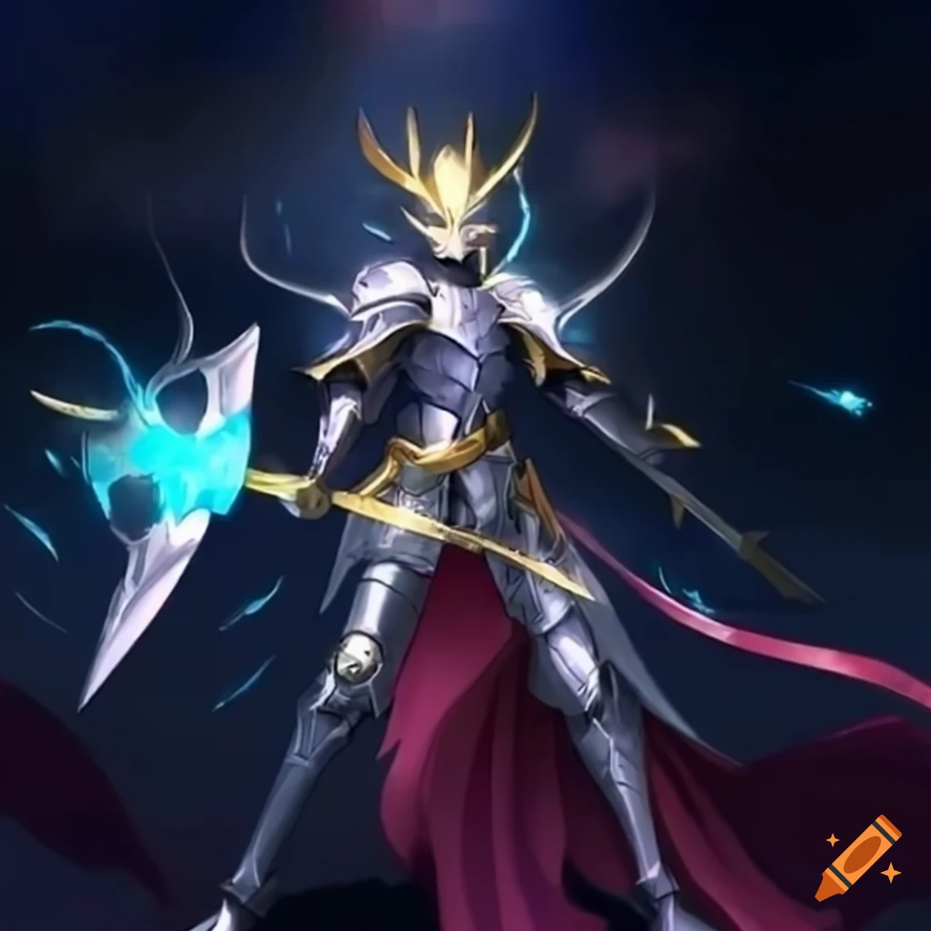 Celestial knight wielding light-infused weapons in battle on Craiyon