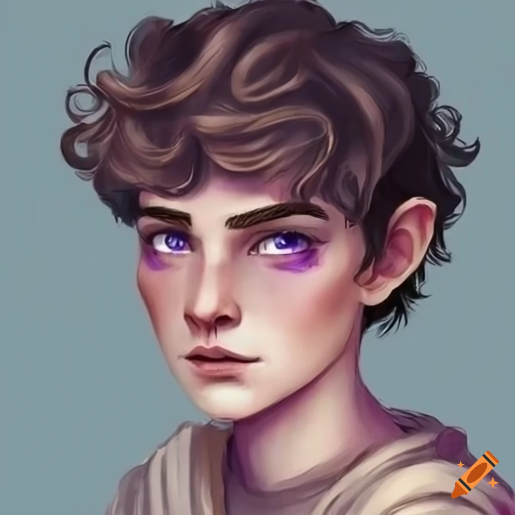 Wavy haired brunette demigod boy character with purple eyes and ...