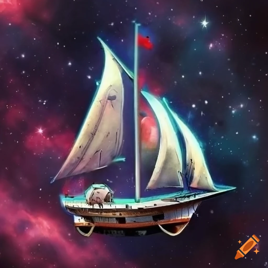 Sailing vessel in space with stars and planets in a surreal scene on ...