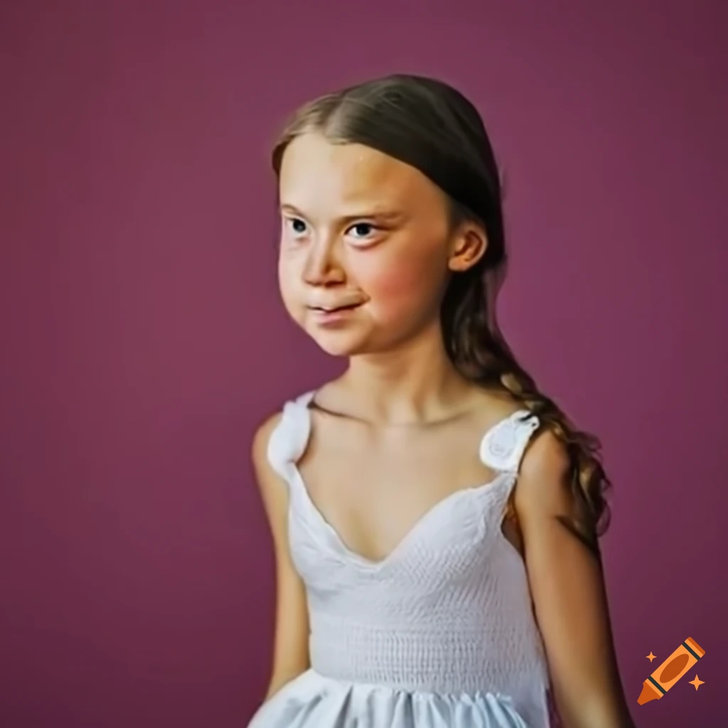 Greta Thunberg standing and smiling in a nightdress and white socks on ... Greta Thunberg standing and smiling in a nightdress and white socks on ...