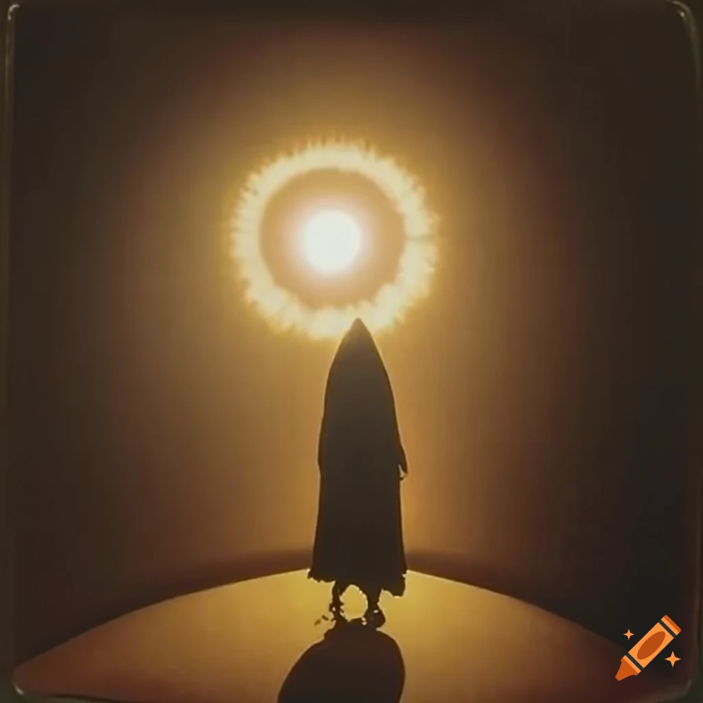 Cloaked figure with sun face in front of a full length mirror in ...