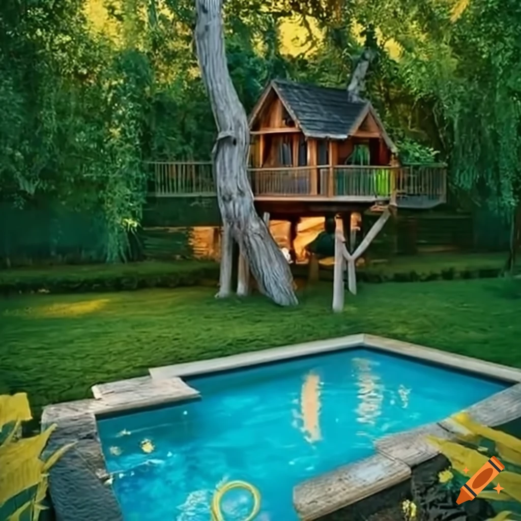 Backyard with a treehouse and small pool on Craiyon