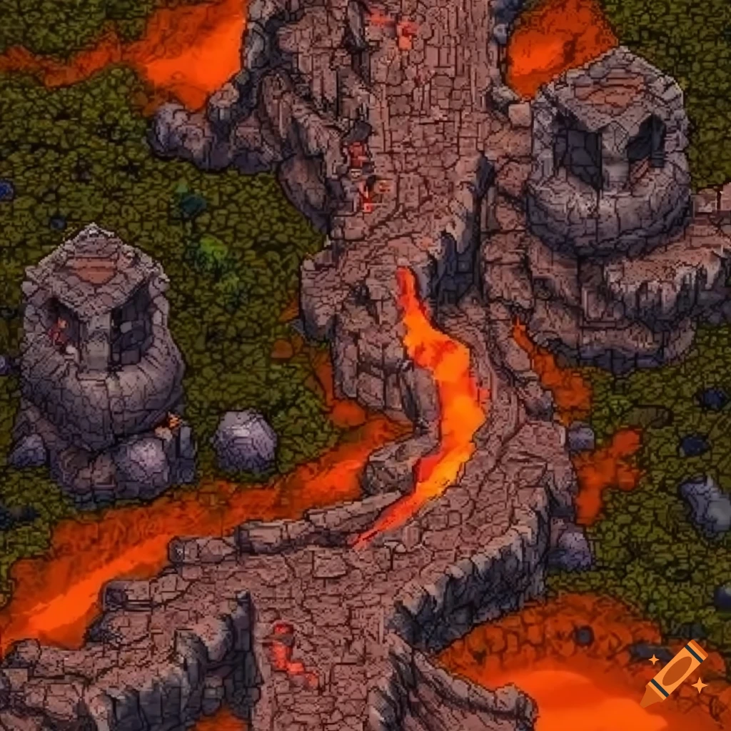 Top-down view of a path by a lava river with castle ruins in an RPG Maker tileset on Craiyon