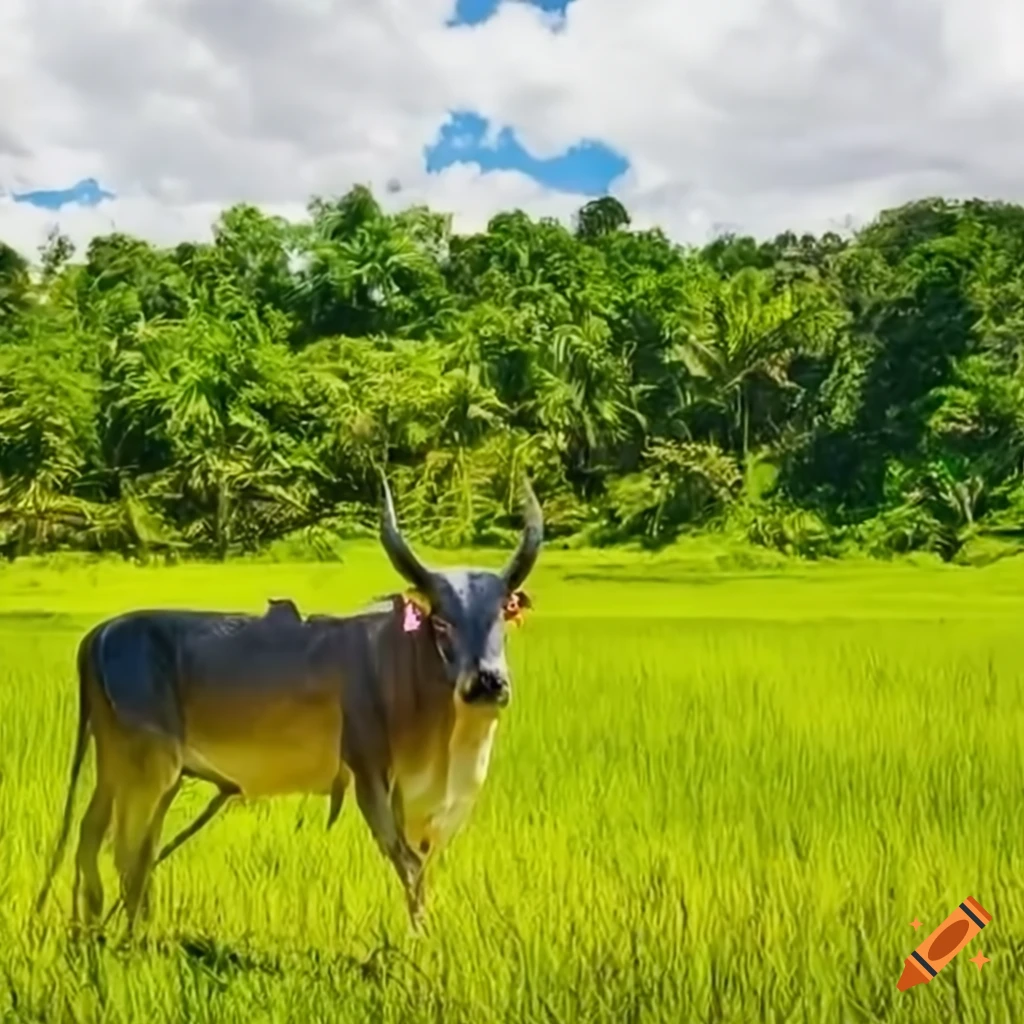Colorful zebu grazing on rice paddies in lush madagascar countryside on ...