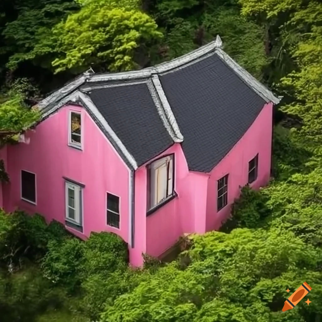 Bird's eye view of a small pink house with a black chinese roof on Craiyon