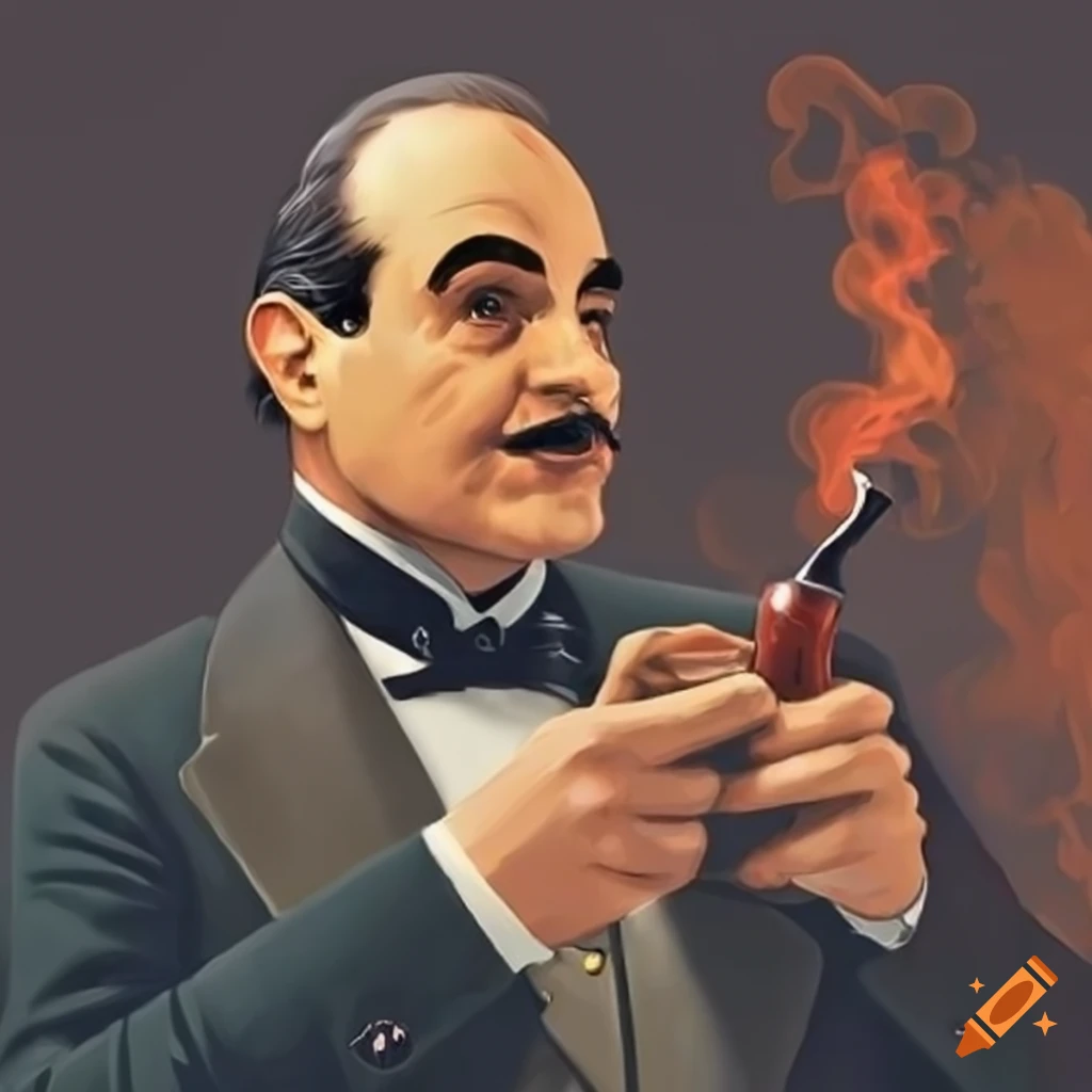 Hercule Poirot near Orient Express train smoking a pipe on Craiyon