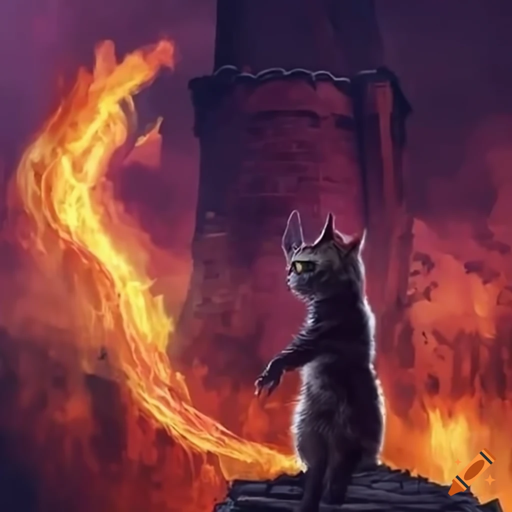 Cat breathing fire confronting a mage on medieval castle tower on Craiyon