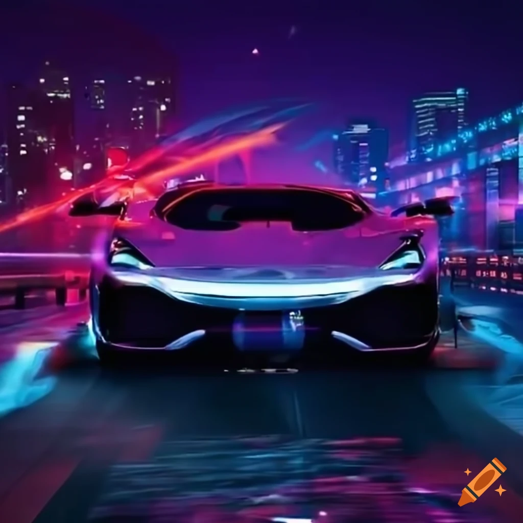 Sports car driving through a cyber city on Craiyon