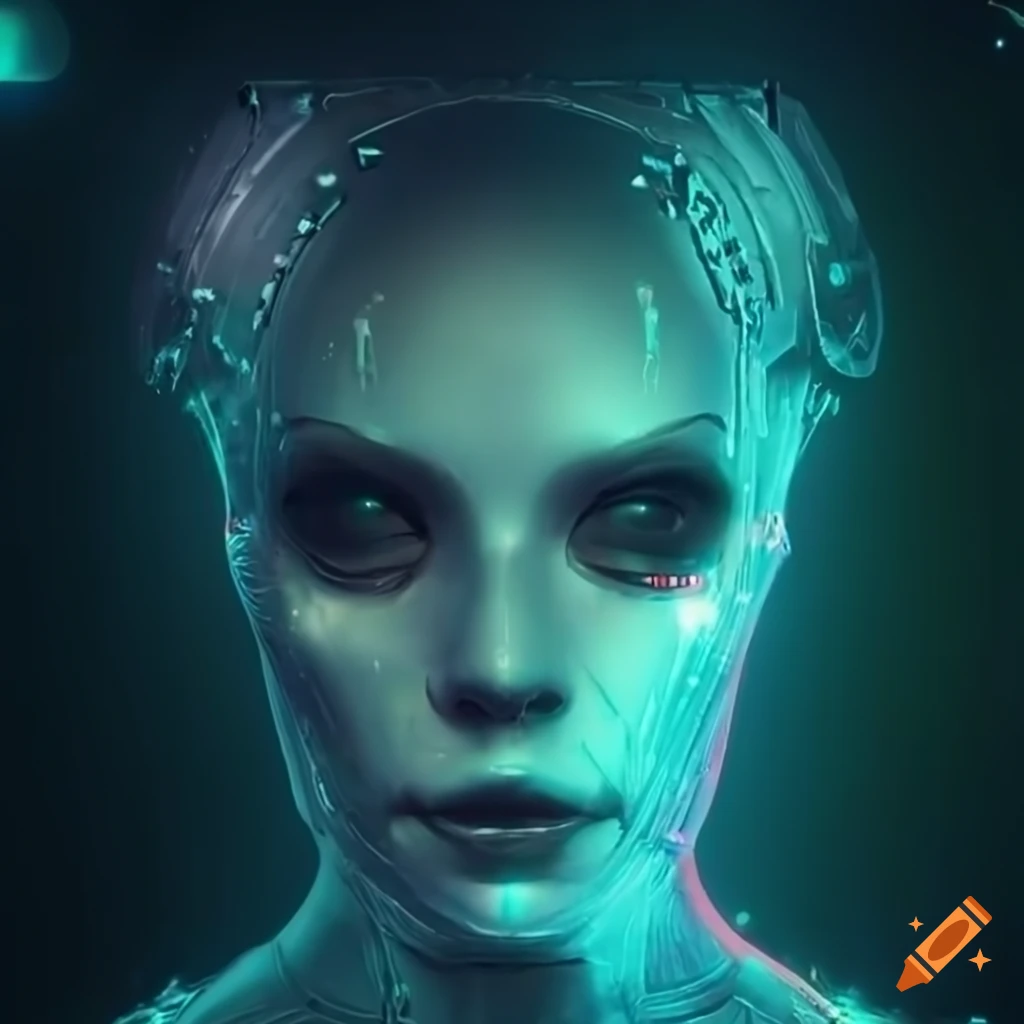 Surrealist alien's spaceship machine in front of computer windows on ...