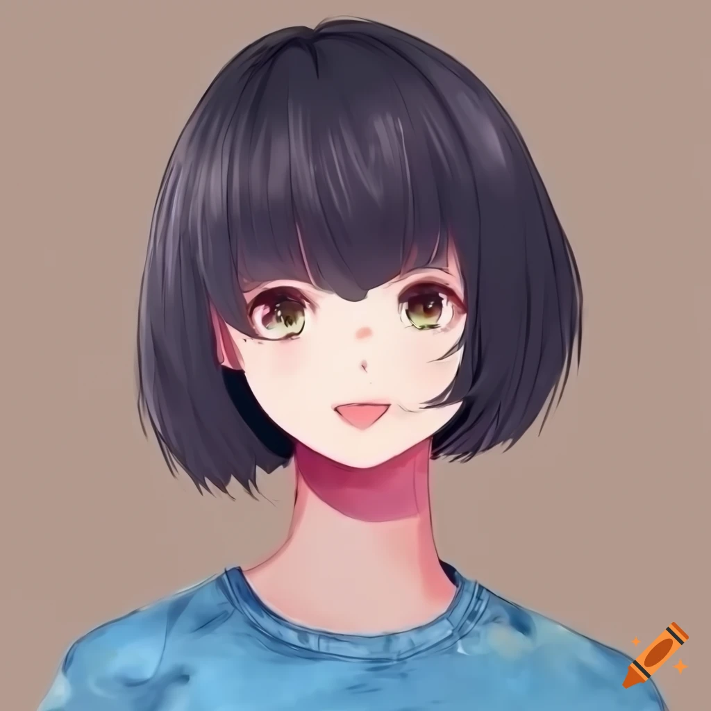 Anime girl with short black hair in a maize t-shirt and blue jeans on ...