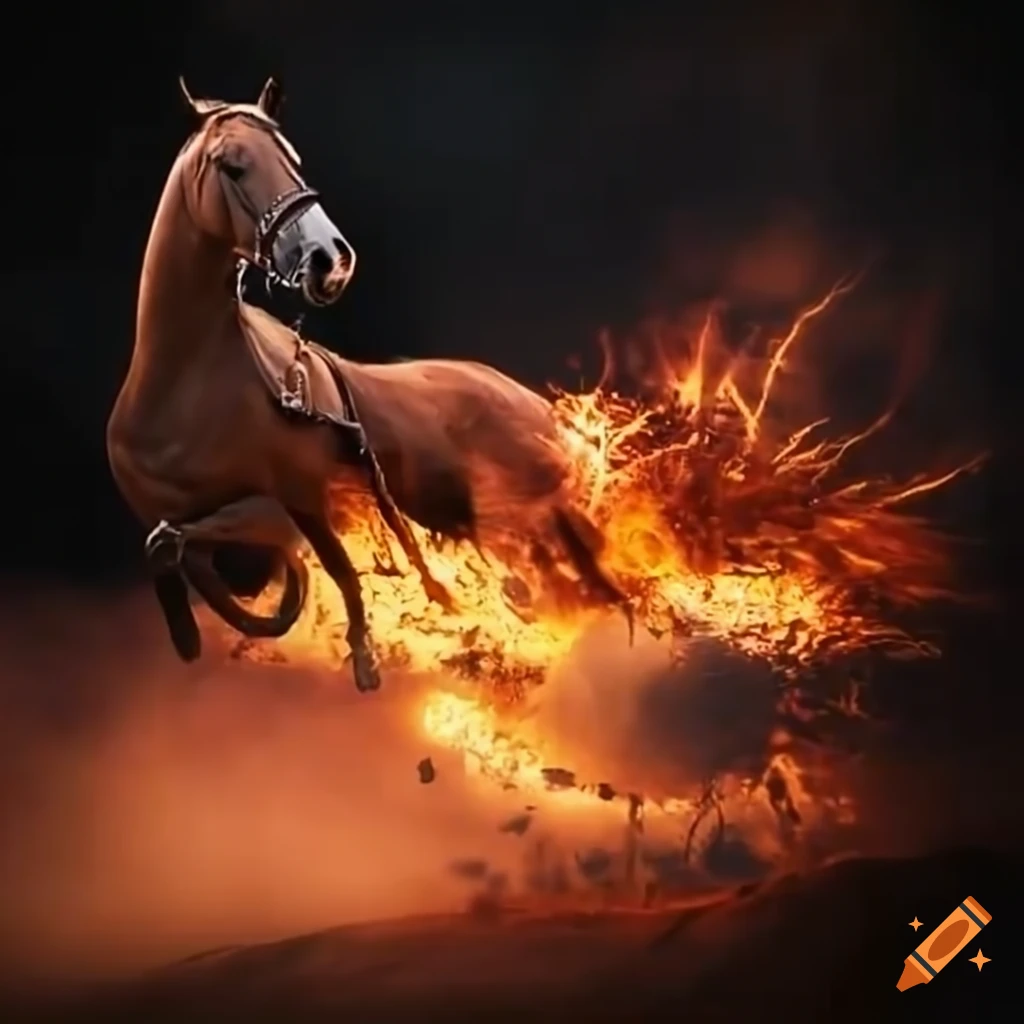 Horse driving in an action scene with an explosion on Craiyon