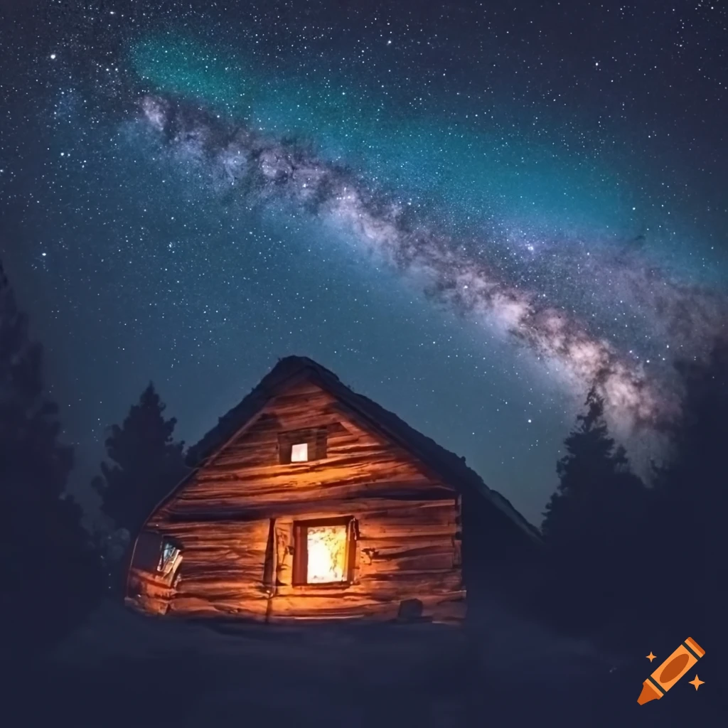 Cabin in the mountains with a view of the beautiful night sky and ...