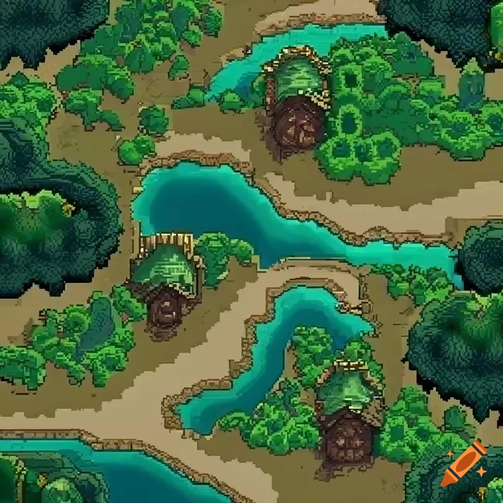 Top-down 2d pixel art of a jungle river on a sunny day on Craiyon