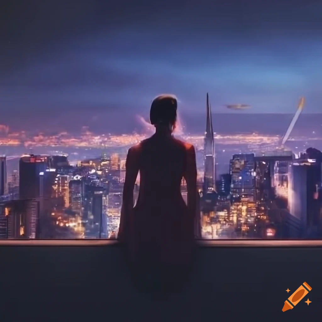 Couple by panoramic window overlooking city lights, sky with planes ...