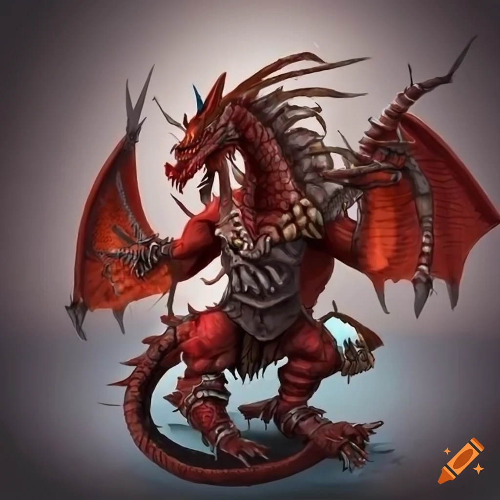 Large dragon with red skin and a barbarian orc rider on Craiyon