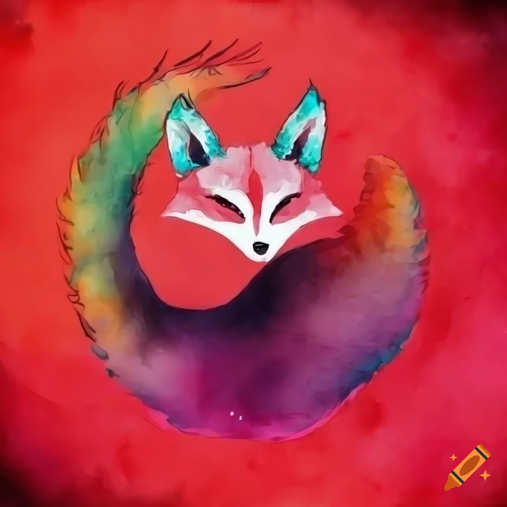 Vibrant red, black, and white kitsune on a white background for a ...