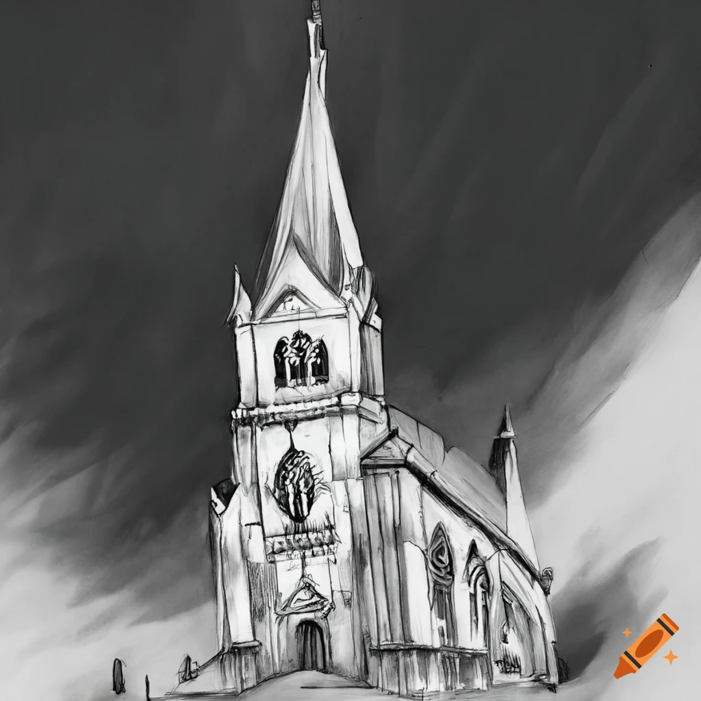 Exterior view of a large church in a pencil sketch style on Craiyon