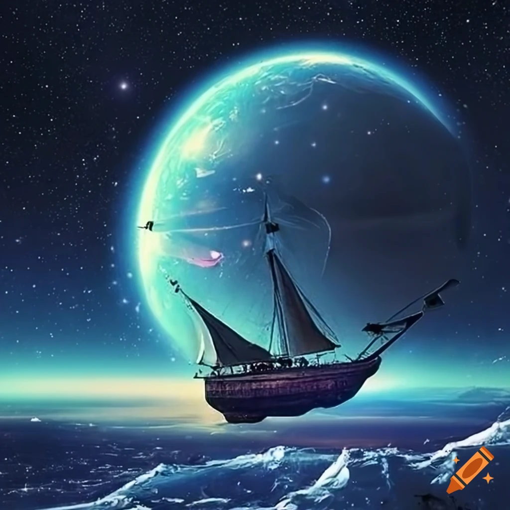 Sailing vessel in space with stars and planets in a surrealistic scene ...