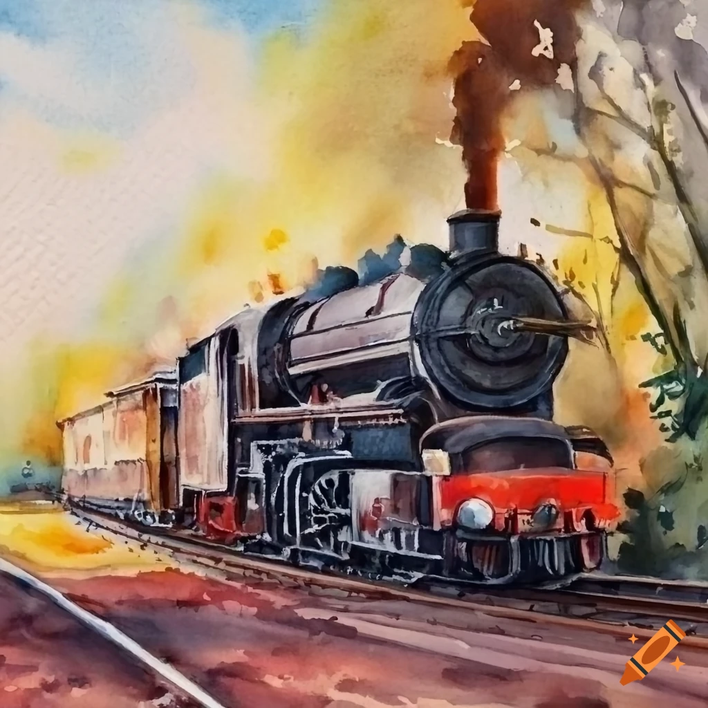 Old steam engine train in an aquarelle oil painting on Craiyon