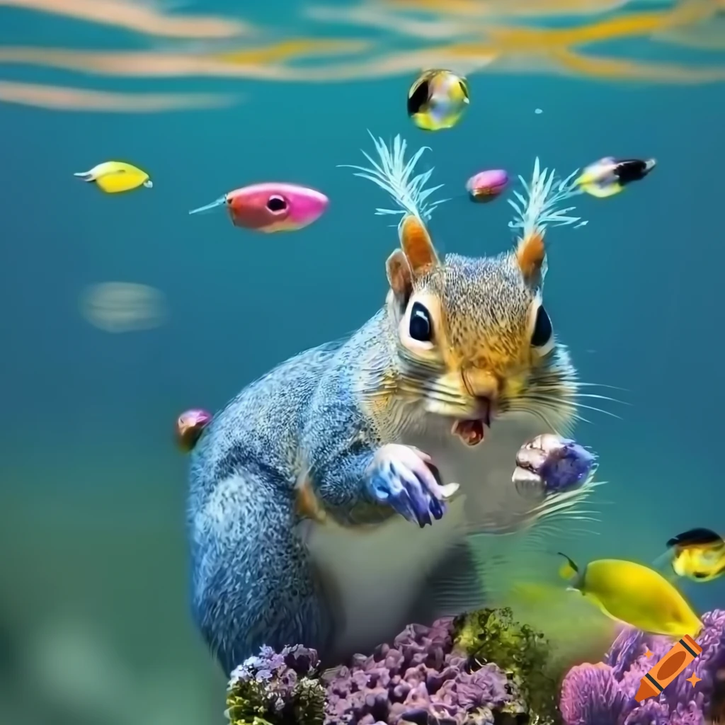 Blue squirrel swimming in water with underwater coral reef background ...