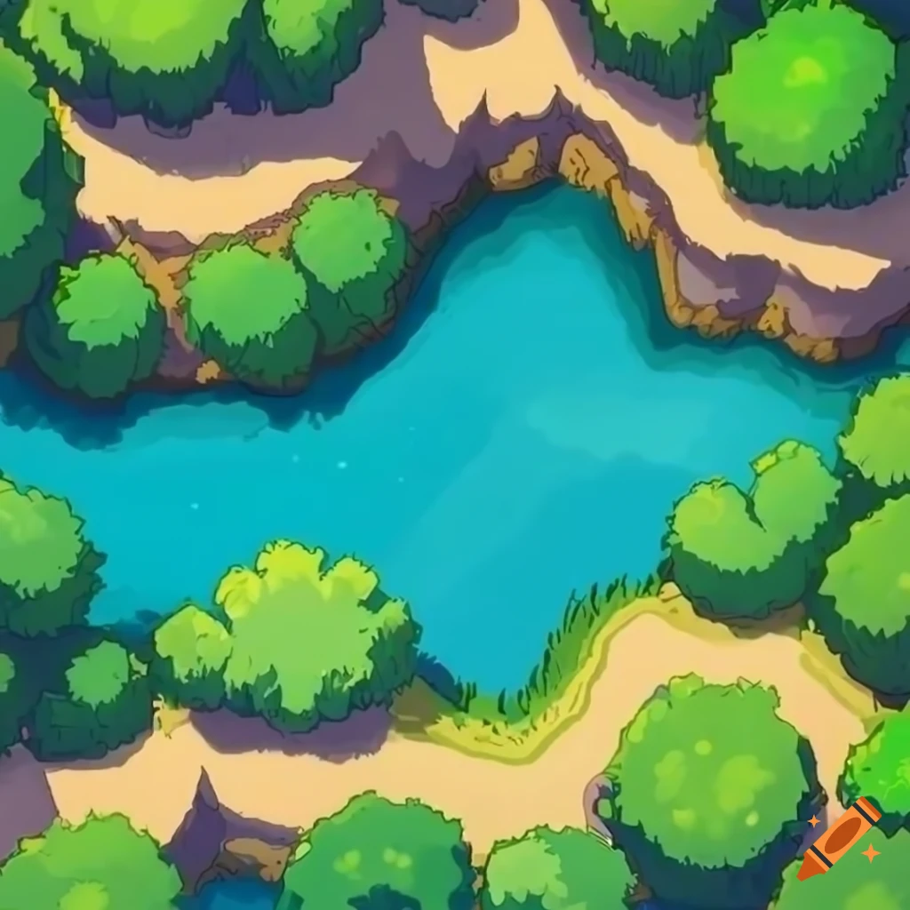 Top down view of a sunny pokemon region with a river, rocks, and pine ...