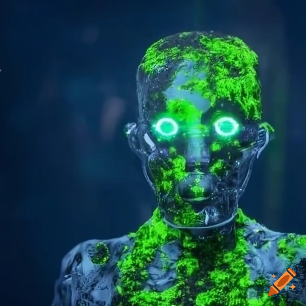 Biopunk cyborg covered in glowing moss in a futuristic laboratory on ...