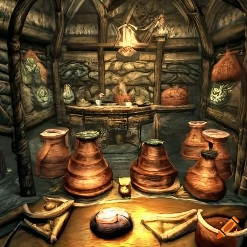 Interior of an alchemy shop with potions and herbs in a Skyrim-like ...