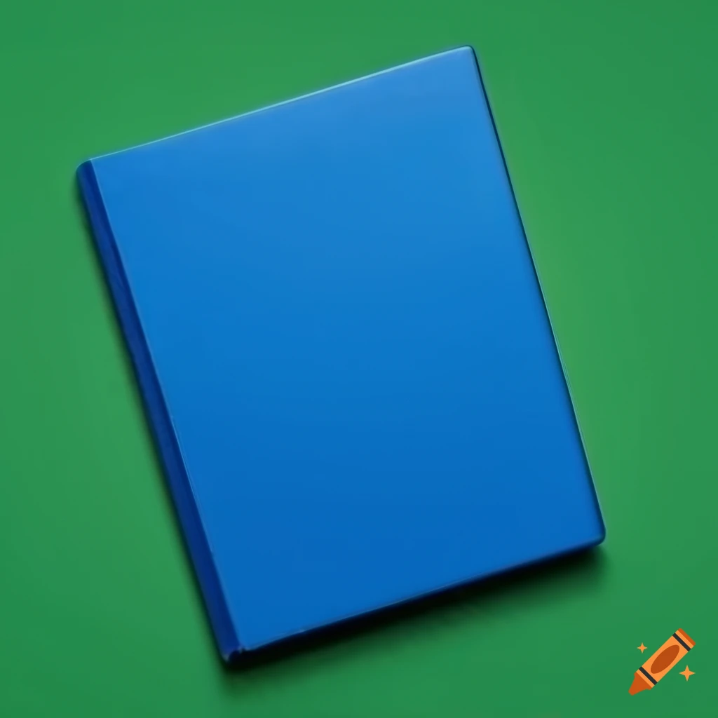 Closed blue book on green background in top view on Craiyon