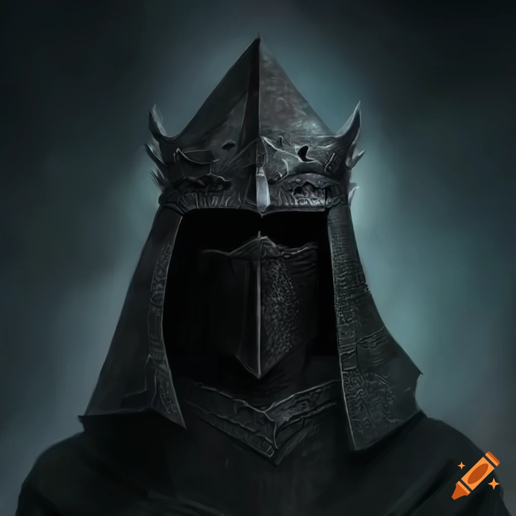 Dark fantasy knight with pyramid shaped helmet on Craiyon