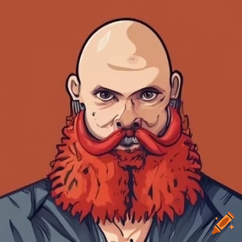 Manga style big bald man with red beard, earrings, and piercings on Craiyon