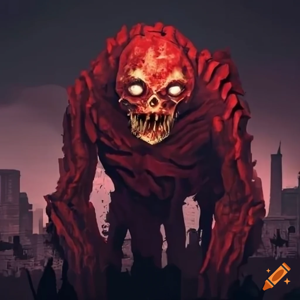 Undead monster in a city at night with reddish colors on Craiyon