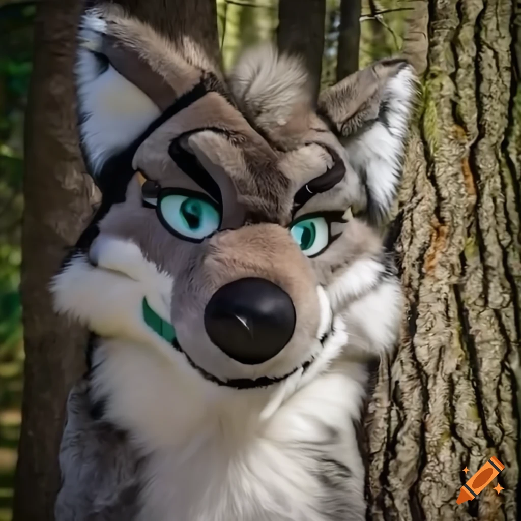 Close up of person in wolf fursuit hugging a tree in the woods on Craiyon