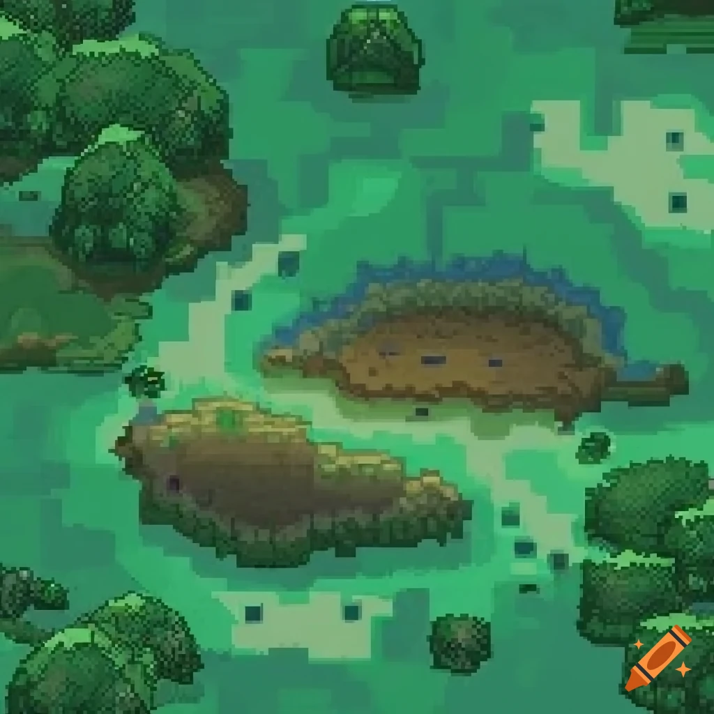 2D pixel art of a swamp path by a crystal clear lake on a sunny day on ...