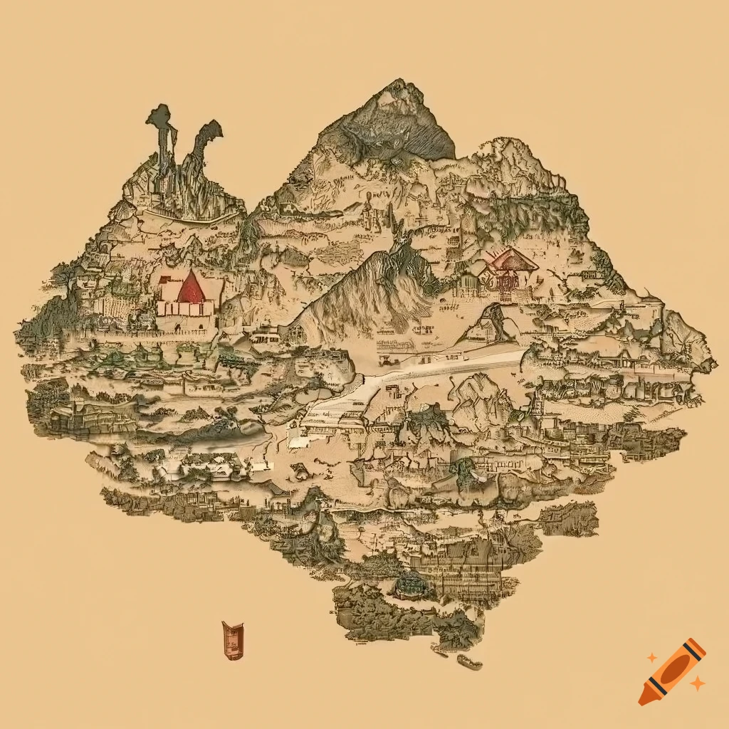 Vintage top-down fantasy map of Mount Verdalal, the village of ...