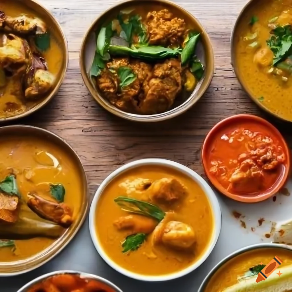 Sri lankan curry dishes in a row on Craiyon
