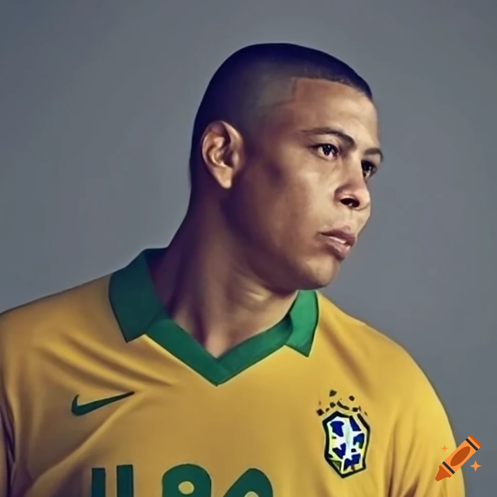 Classic portrait of soccer legend ronaldo in brazilian jersey on Craiyon