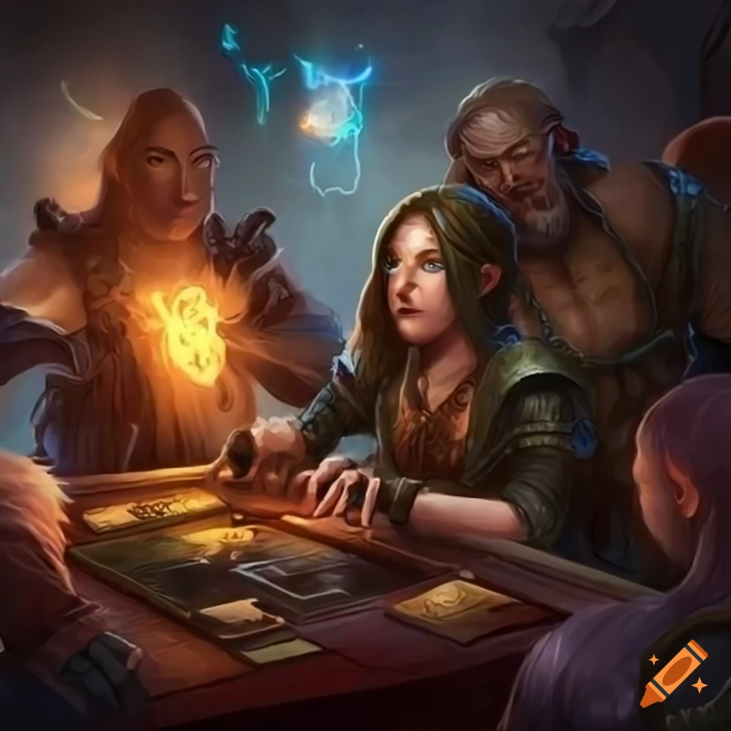 Four fantasy characters playing a board game on Craiyon