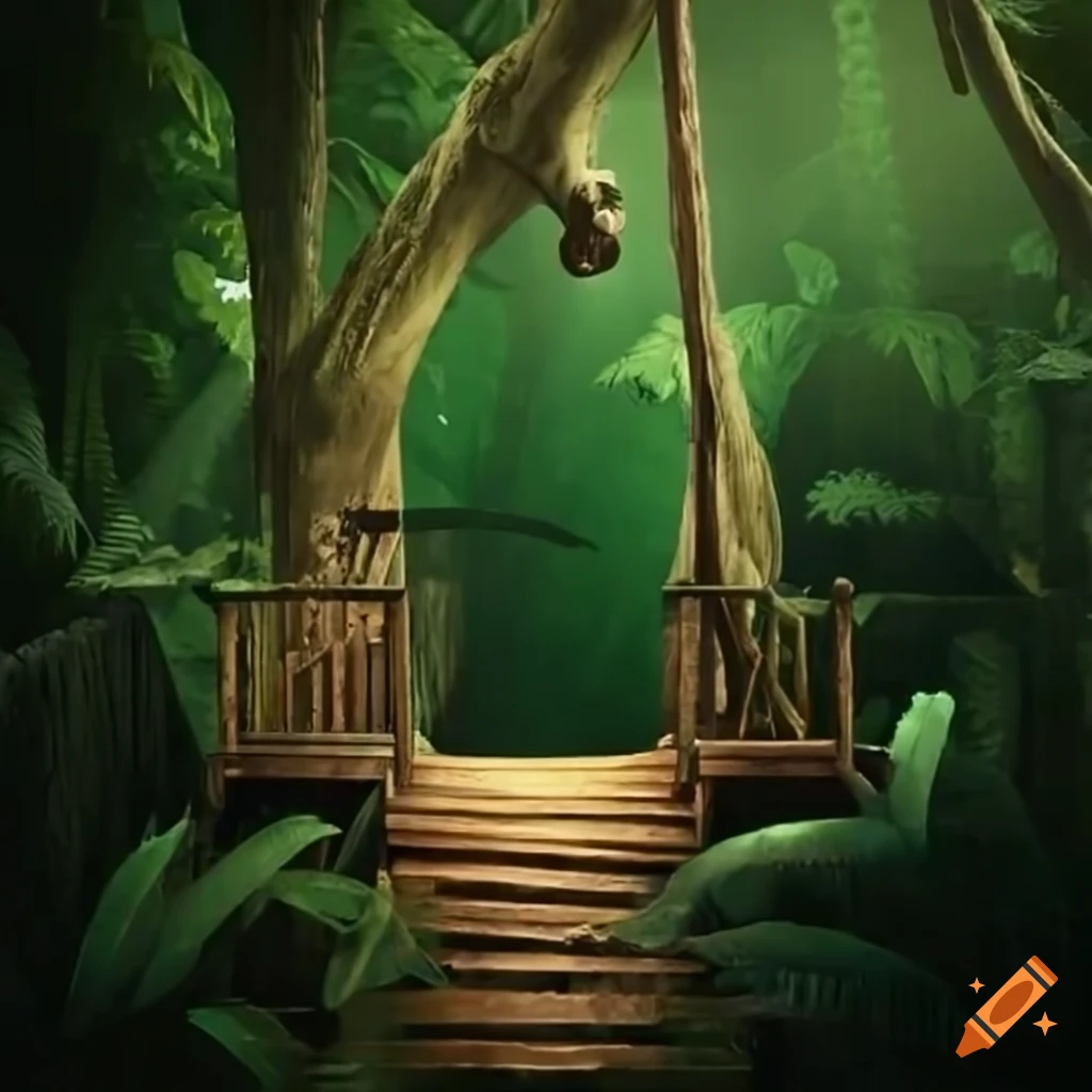 Side view of jungle platform with hanging vegetation on Craiyon