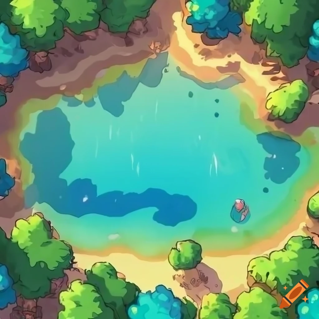 Top down view of a lake surrounded by forest, beach, and pine trees in ...