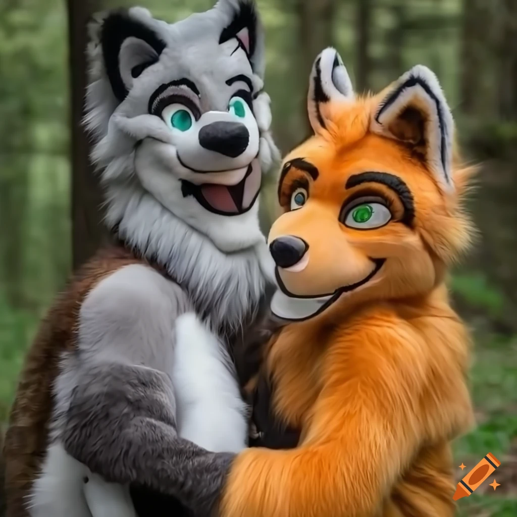 Friendly man in grey wolf fursuit with wife in orange fox fursuit in ...