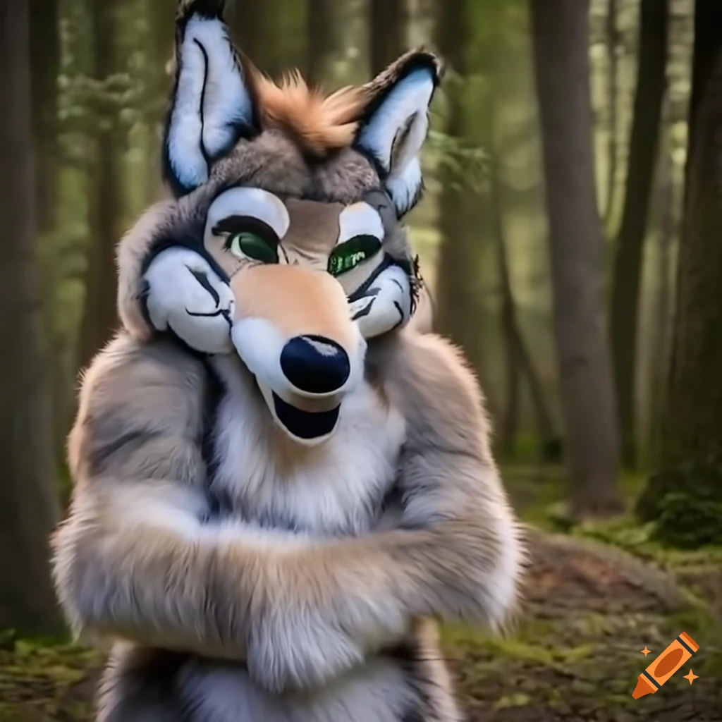 Dad wearing a wolf fursuit hugging a tree in the woods on Craiyon