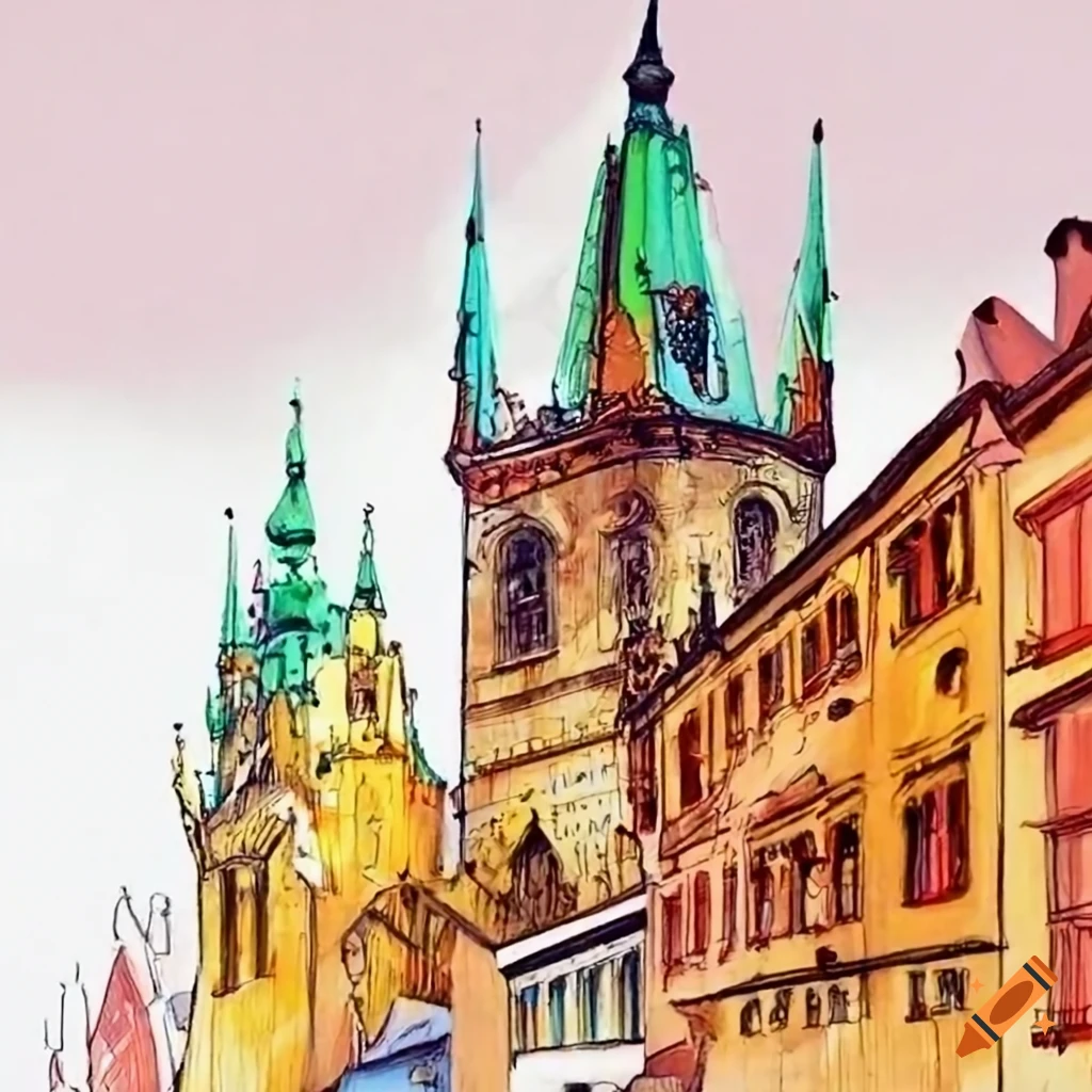 Intricate pencil drawing of historic cityscape of Prague on Craiyon