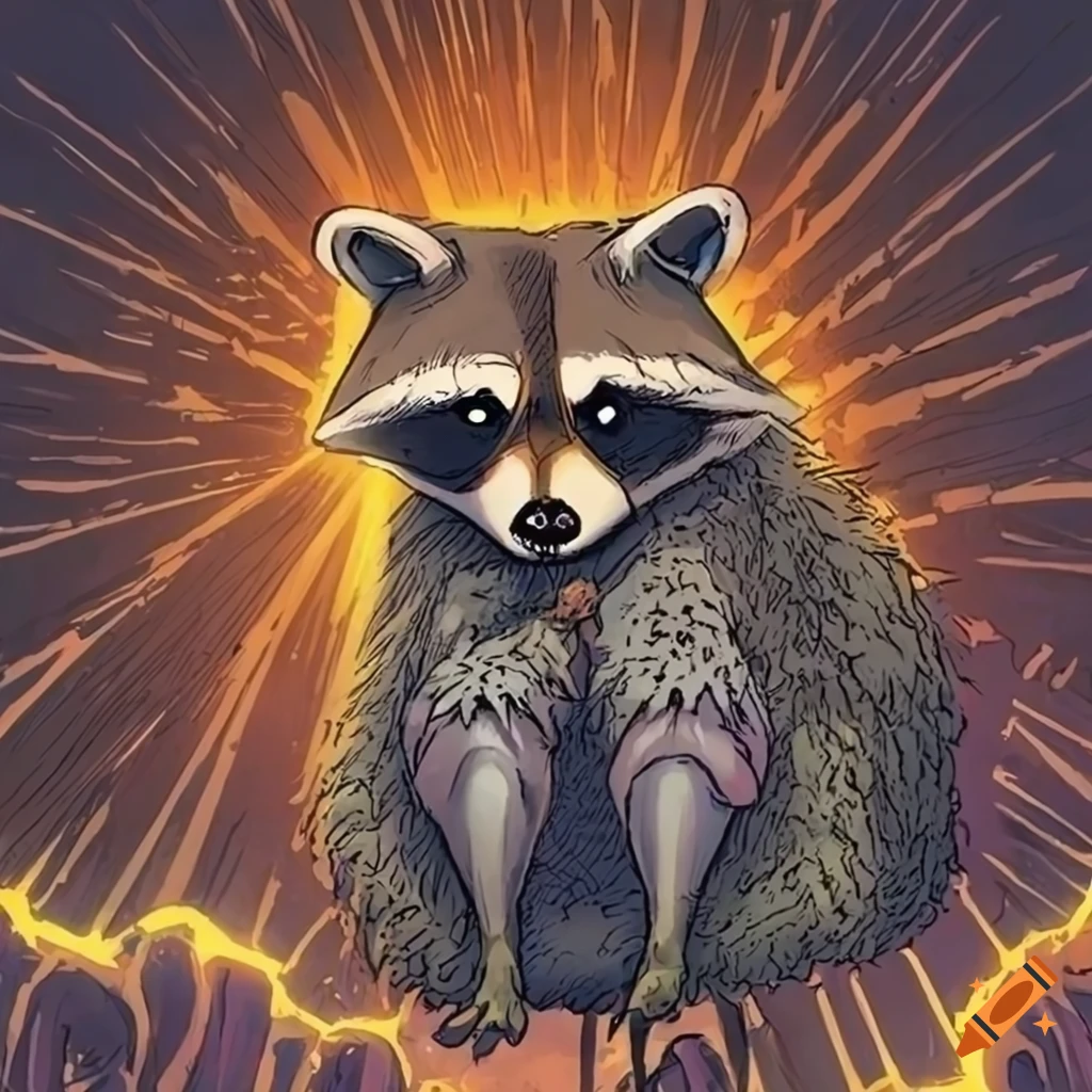Raccoon interacting with a lamppost amidst electric rays in comic style ...