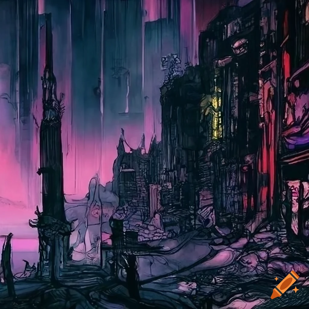 Dystopian cyberpunk city skyline in ruins by Yoshitaka Amano on Craiyon